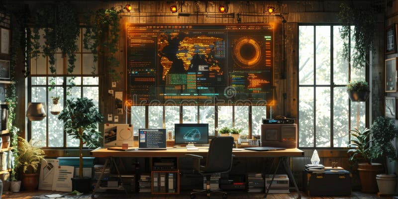 A Large Map of the World is Displayed on the Wall Above the Desk Stock ...