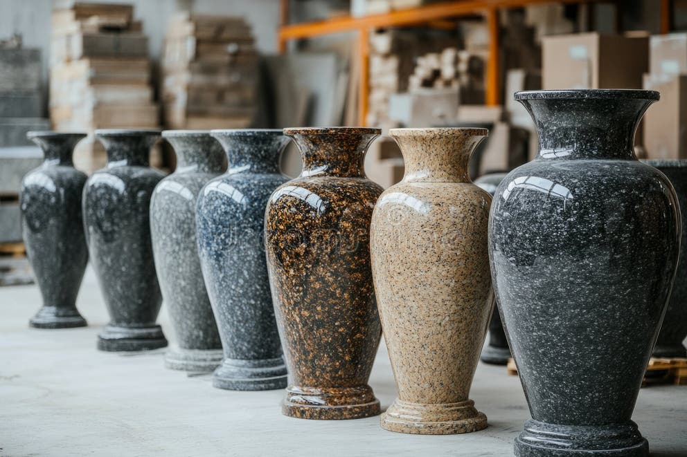 Large Marble Vases Displayed in an Industrial Warehouse Stock Photo ...