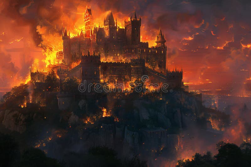A Large Medieval Castle on Top of a Hill at Night, Burning with Orange ...