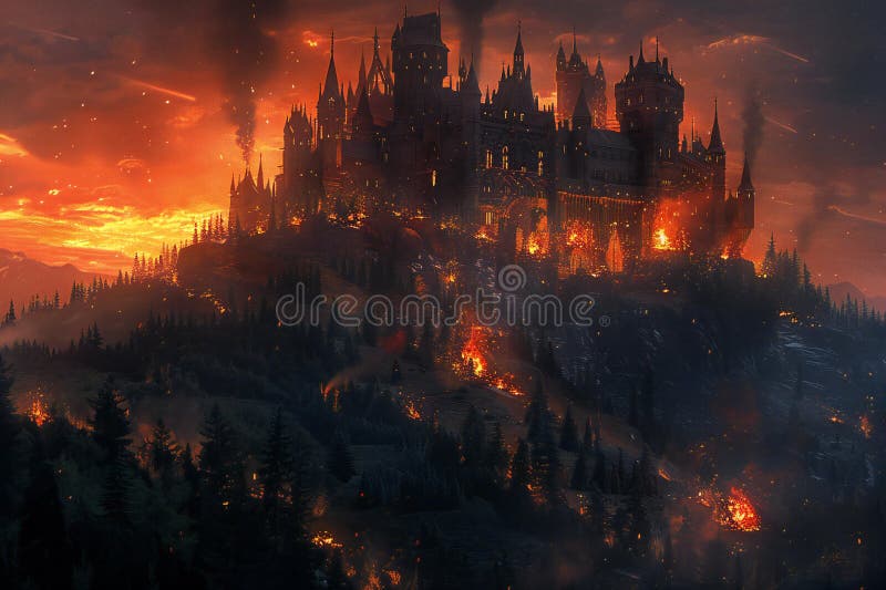 A Large Medieval Castle on Top of a Hill at Night, Burning with Orange ...
