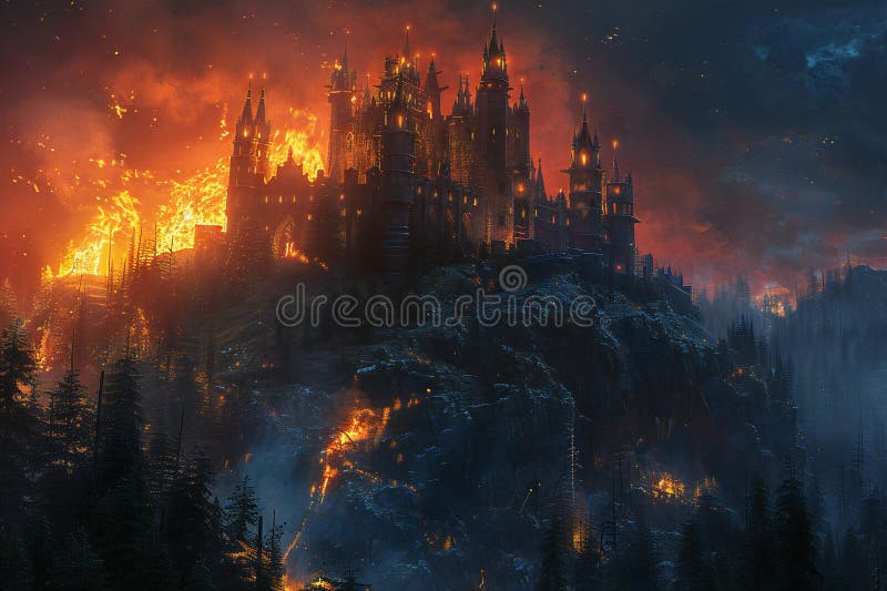 A Large Medieval Castle on Top of a Hill at Night, Burning with Orange ...