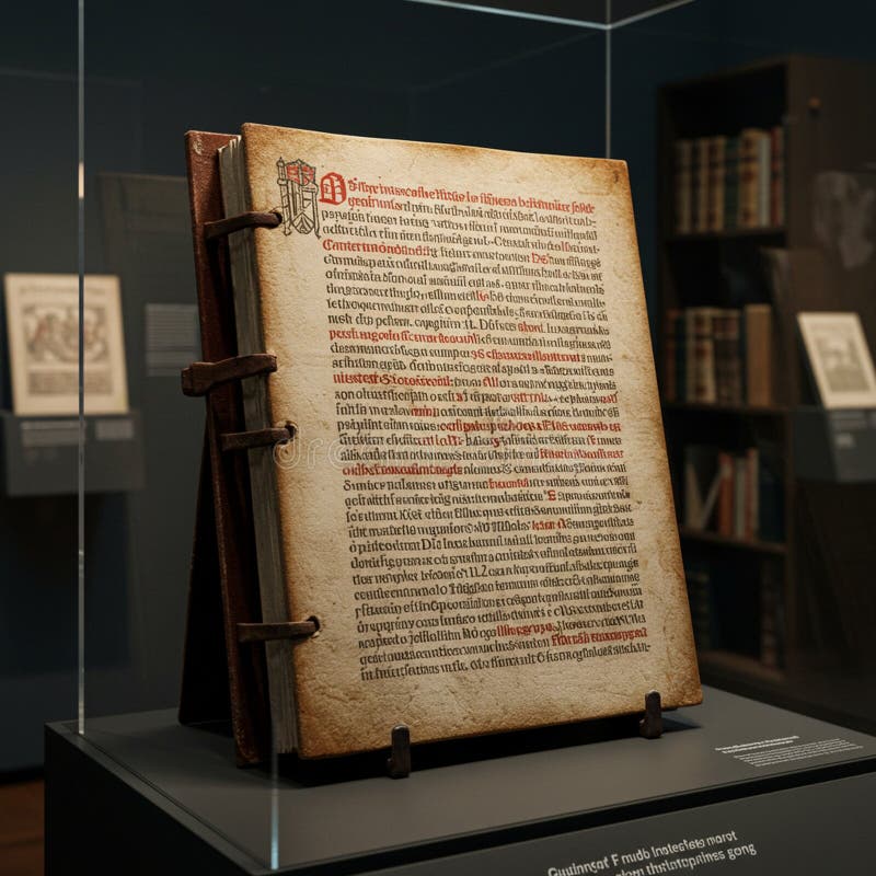 A Large, Medieval Manuscript Page Displayed in a Glass Case, Featuring ...