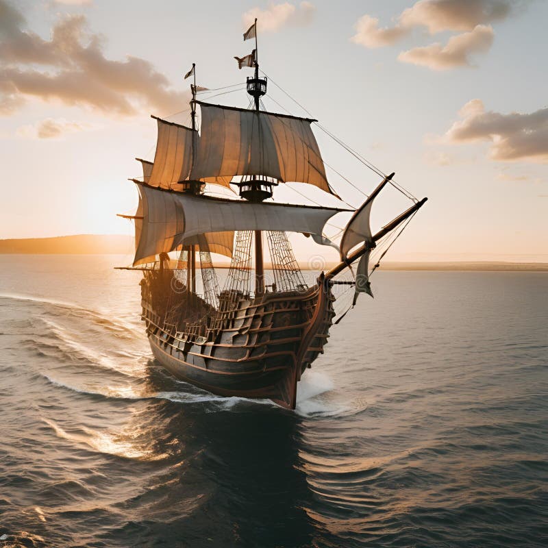 A Large Medieval Ship at Sea at Sunset Stock Photo - Image of evening ...