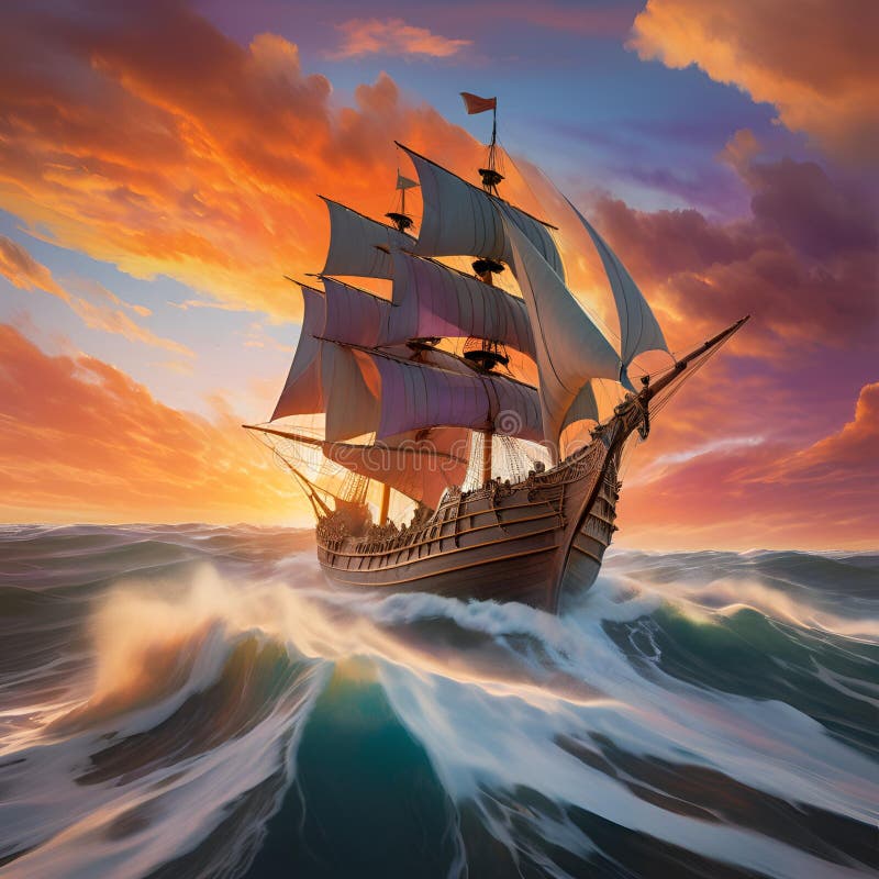 A Large Medieval Ship at Sea at Sunset Stock Image - Image of wave ...