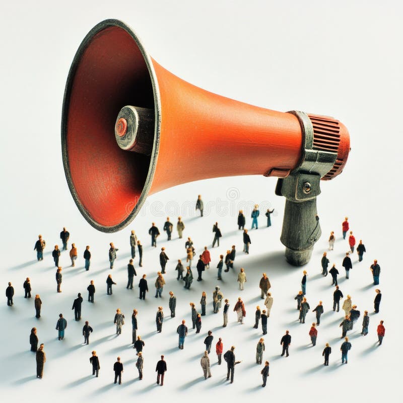 Large Megaphone and Miniature Crowd Symbolizing Communication Power ...