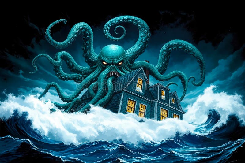 An Octopus is Attacking a House in the Middle of the Ocean Stock Photo ...