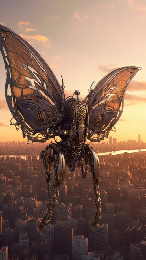 A Large Metal Butterfly Flying Over a City. Generative AI Image. Stock ...