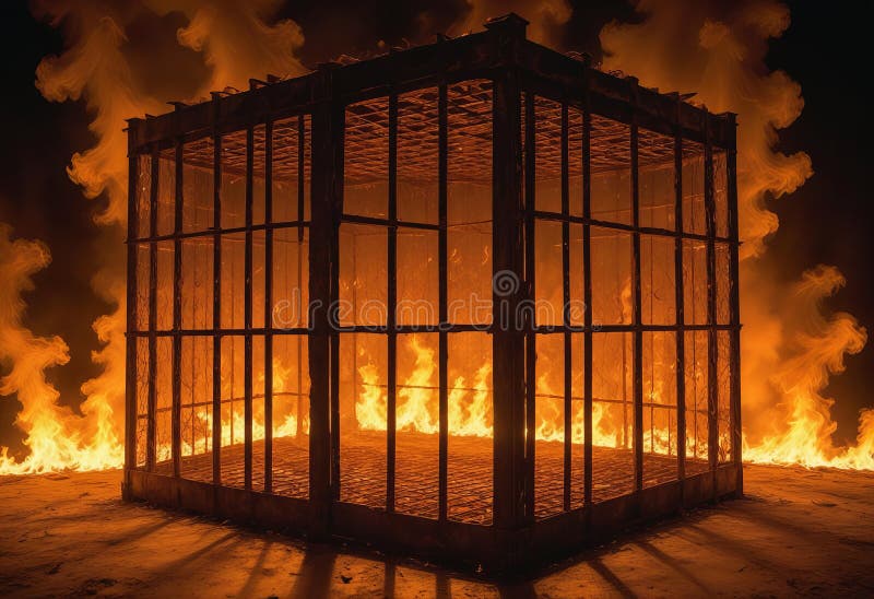 A Large Metal Cage or Cage-like Structure Engulfed in Flames Stock ...