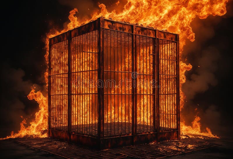 A Large Metal Cage or Cage-like Structure Engulfed in Flames Stock ...