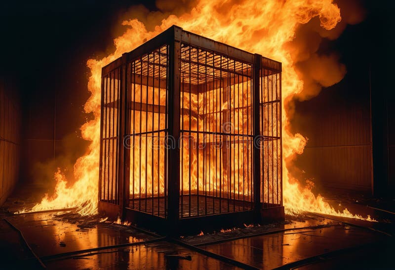 A Large Metal Cage or Cage-like Structure Engulfed in Flames Stock ...