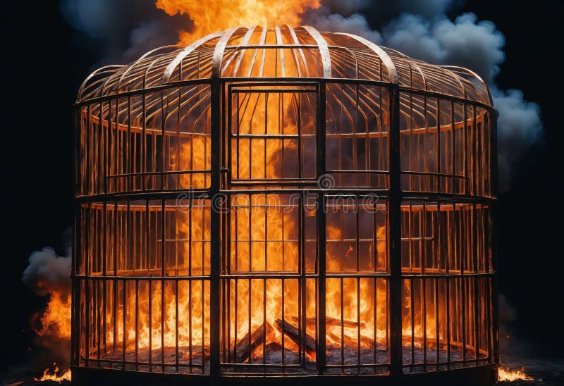 A Large Metal Cage or Cage-like Structure Engulfed in Flames Stock ...