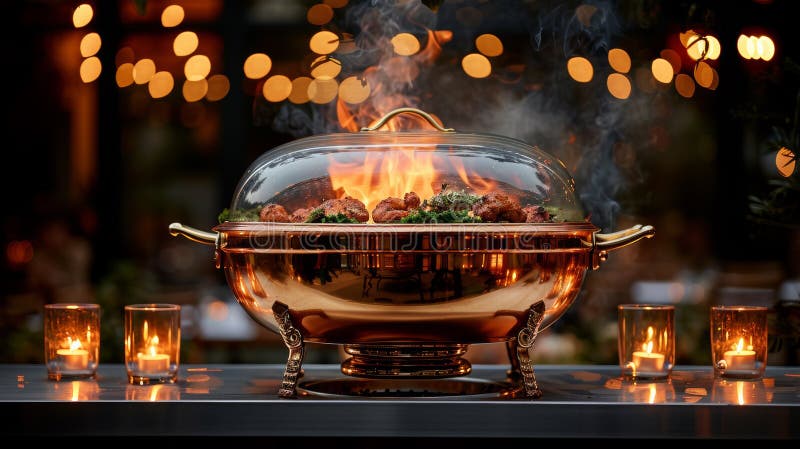 A Large Metal Casserole or Chafing Dish with Flames Inside of it on a ...