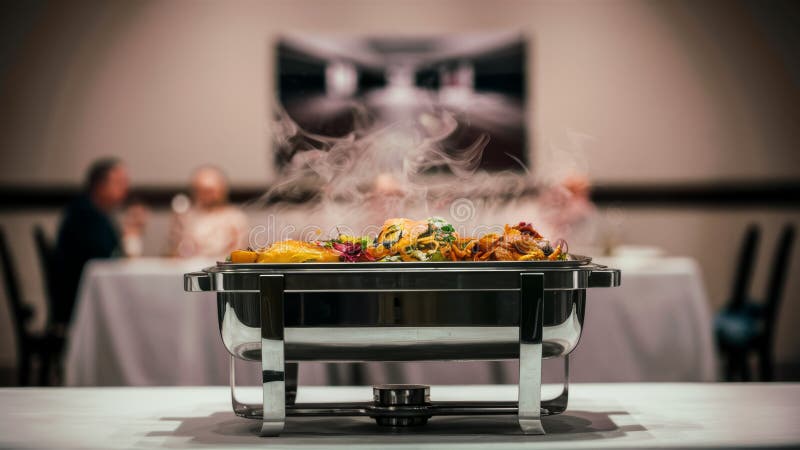 A Large Metal Container with Food Steaming on Top of a Table, AI Stock ...