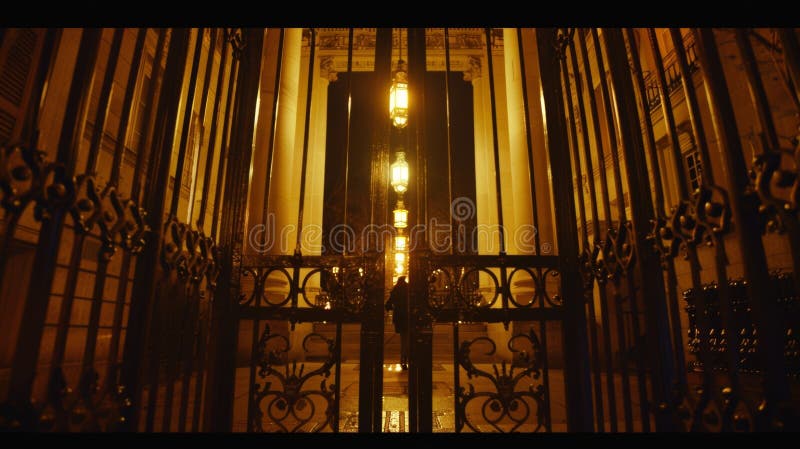 Large Metal Gate with Illuminated Light Stock Photo - Image of large ...