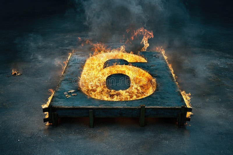Large Metal Number Six Ablaze on Dark Surface with Flames and Smoke ...