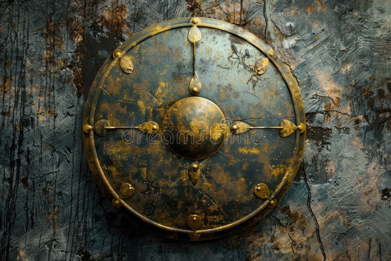 A Large Metal Shield Resting on a Wooden Surface Stock Image - Image of ...