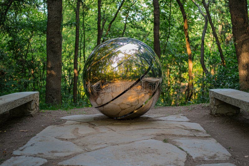 Large Metal Sphere Reflecting Trees in a Park Stock Illustration ...