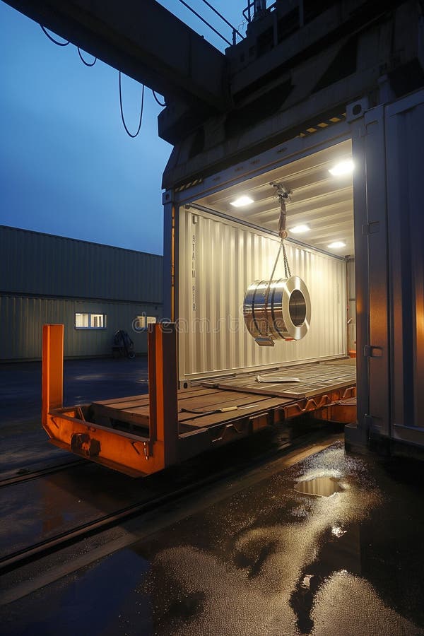 A Large Metal Tank is Loaded into a Freight Container on a Wet Evening ...
