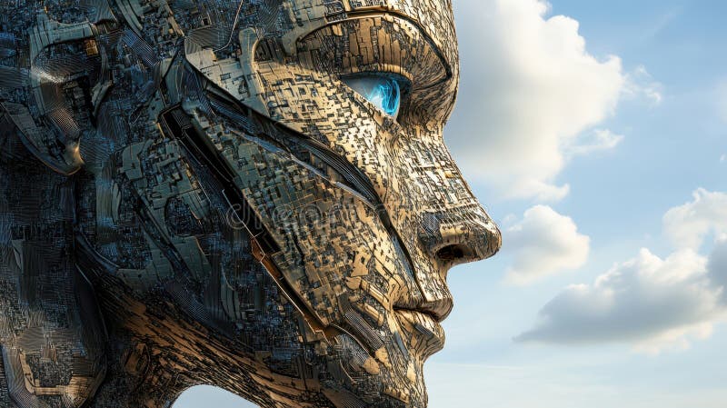 A Large Metallic Statue of a Man Featuring a Striking Blue Eye Stands ...