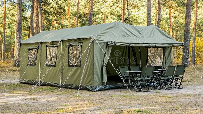 Large Military Tent in Forest Campsite Stock Photo - Image of forest ...