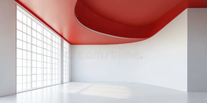 Modern Empty Interior Space with Bright Red Ceiling and Large Windows ...