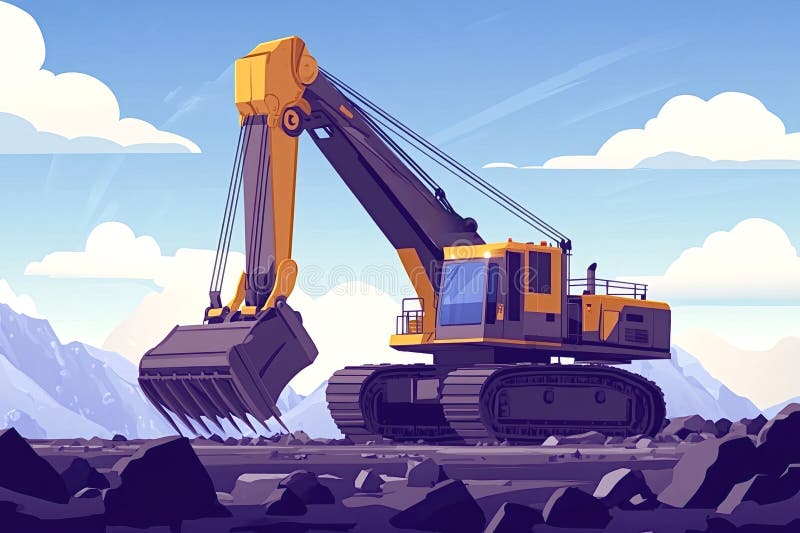 Mining Excavator Working in an Open Pit Mine with Mountains in the ...