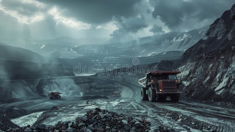 A Large Mining Truck Drives Along a Winding Dirt Road in a Massive Open ...