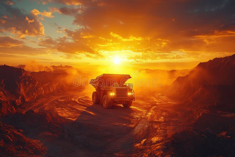 A Large Mining Truck Drives through a Quarry at Sunset, with Dust ...