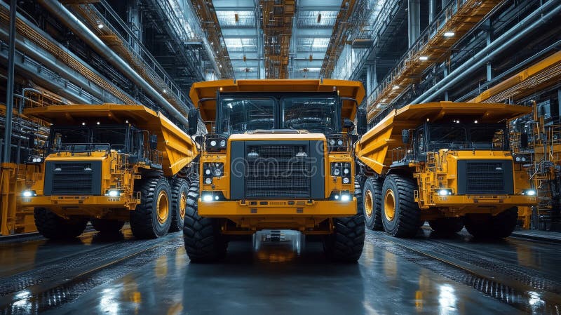 Large Mining Trucks Lined Up Inside an Industrial Facility Ready for ...