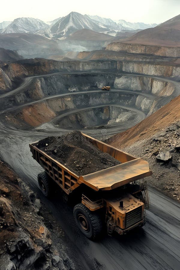 Large Mining Trucks in Open-pit Mine with Rugged Mountainous Background ...