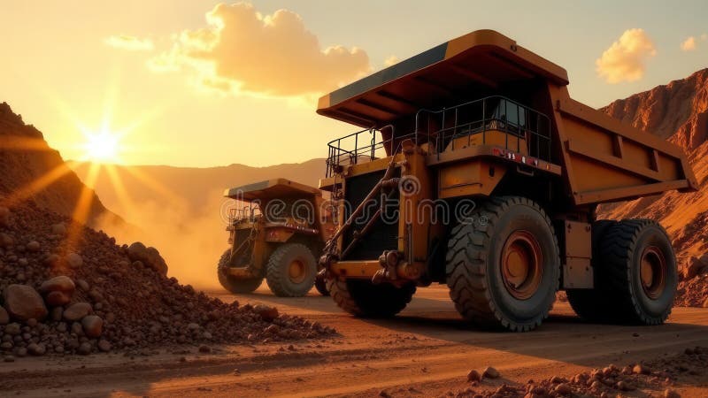 Large Mining Trucks Operate at Sunset in a Mountainous Terrain Stock ...