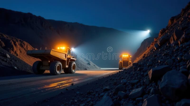 Nighttime Mining Operation with Heavy Machinery in Rocky Terrain Stock ...