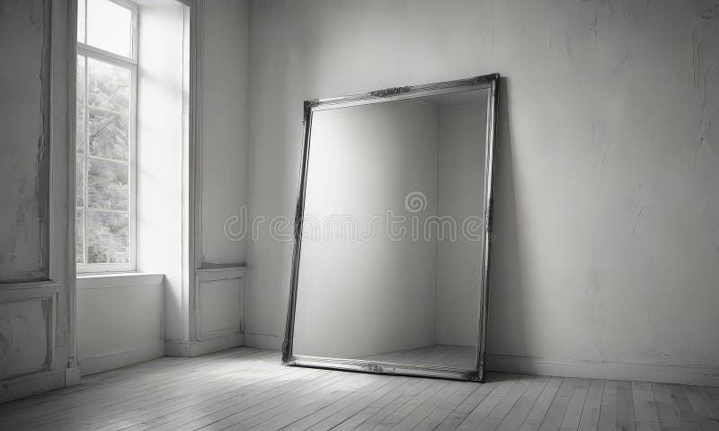 Large Mirror with Black Frame Stands in Minimalist Room, Reflecting the ...