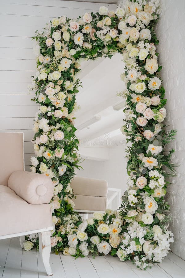 Large Mirror Decorated with Artificial Flowers Stock Image - Image of ...