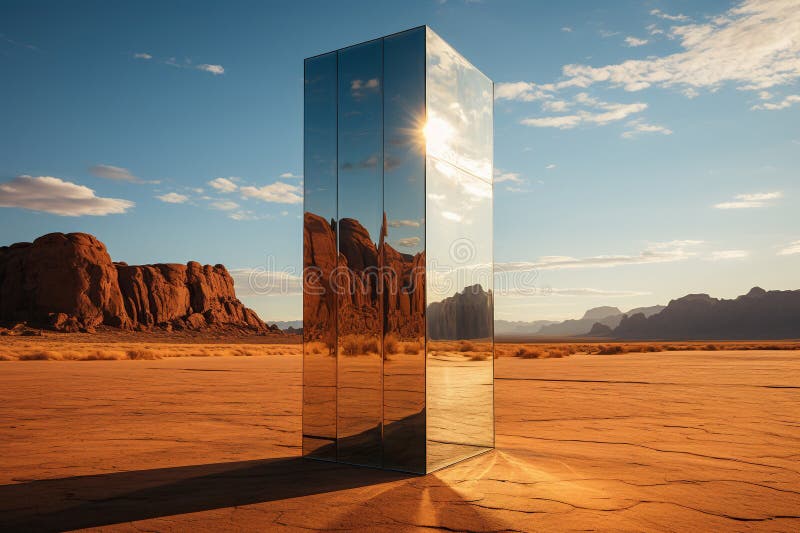 Large Mirror in the Desert with Reflection. Generated by Artificial ...