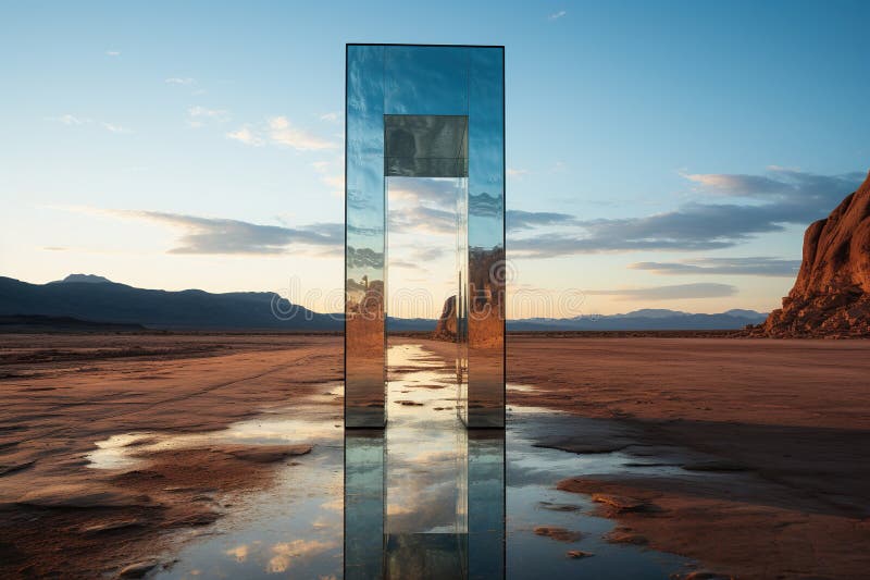 Large Mirror in the Desert with Reflection. Generated by Artificial ...