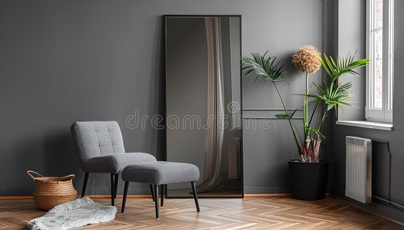 Large Mirror Near Grey Wall in Room. Interior Design Stock Image ...