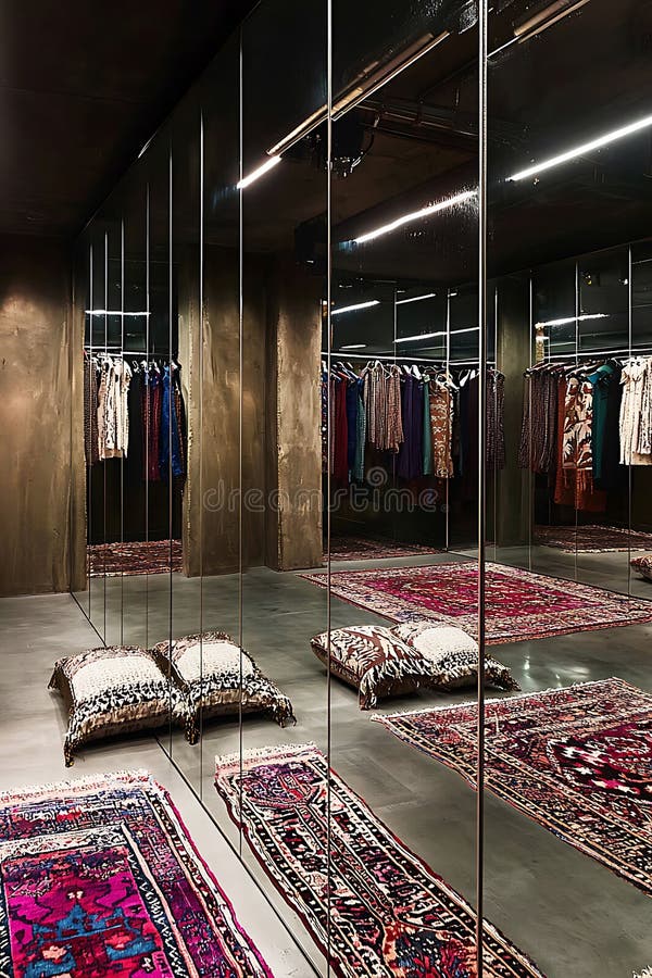 A Large Mirror with a Red Carpet and Pillows in Front of it Stock Photo ...