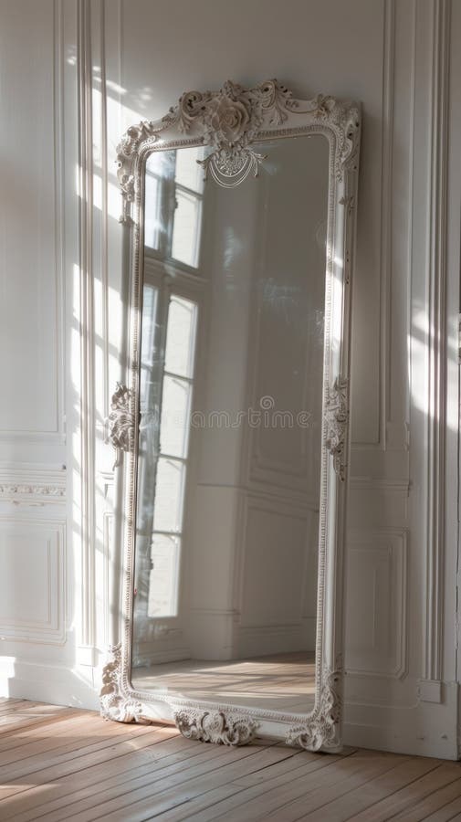 Large Mirror Standing Against White Wall in Classic Style Interior with ...