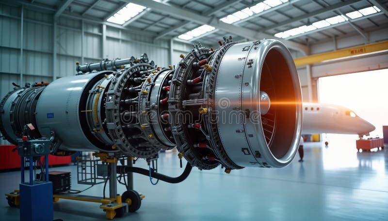 Large Modern Aircraft Engine Displayed in Spacious Maintenance Facility ...