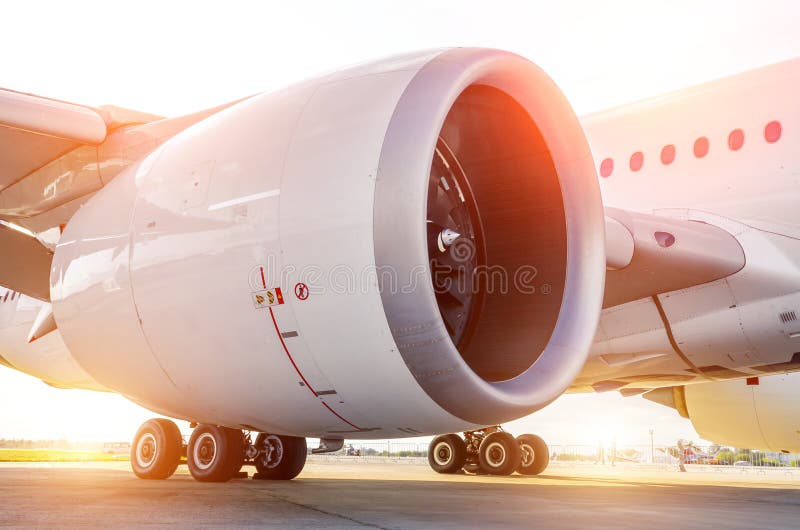 Large Modern Aircraft View of the Huge Engine and Chassis, the Light of ...