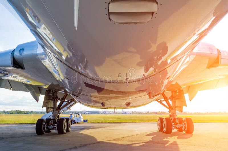 Large Modern Airplane View from Bottom To Bottom and Landing Gear ...