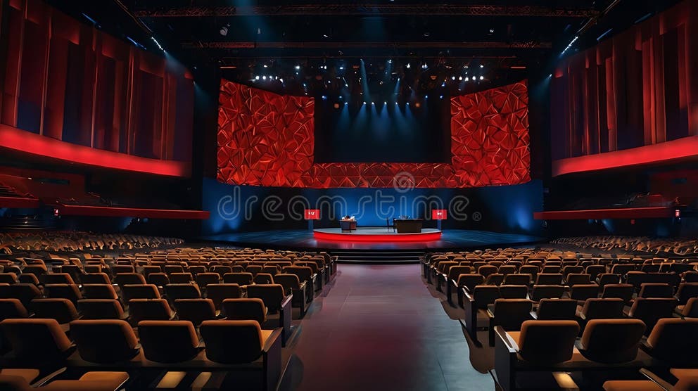 Modern Auditorium Stage with Red Accents and Seating Stock Illustration ...
