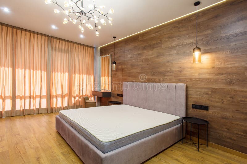 Large Modern Bedroom Bed with Headboard Warm Wooden Laminate on Wall ...
