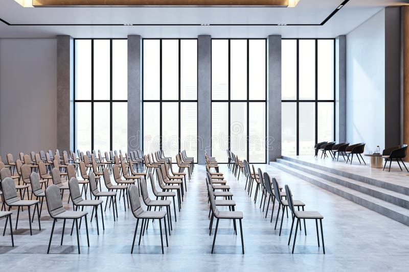 Large Modern Conference Hall with Empty Chairs, a Stage, and Floor-to ...