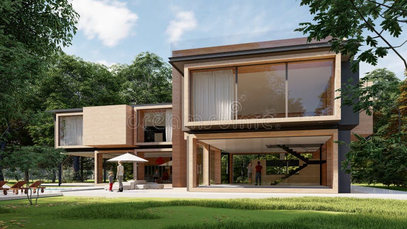 Large Modern Contemporary House in Wood and Concrete Stock Illustration ...