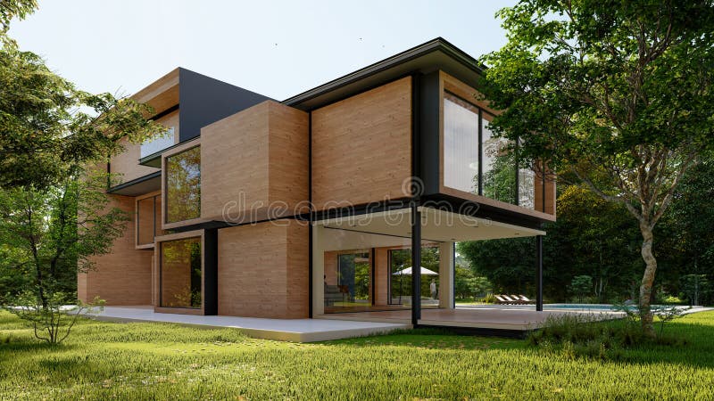 Large Modern Contemporary House in Wood and Concrete Stock Illustration ...
