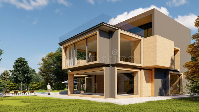 Large Modern Contemporary House in Wood and Concrete Stock Illustration ...