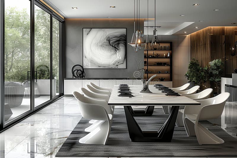 Large Modern Dining Room with a White Table and Chairs. Well Lit and ...
