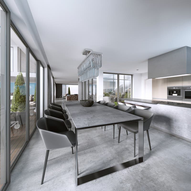 Large Modern Dining Table in Contemporary Kitchen Stock Illustration ...